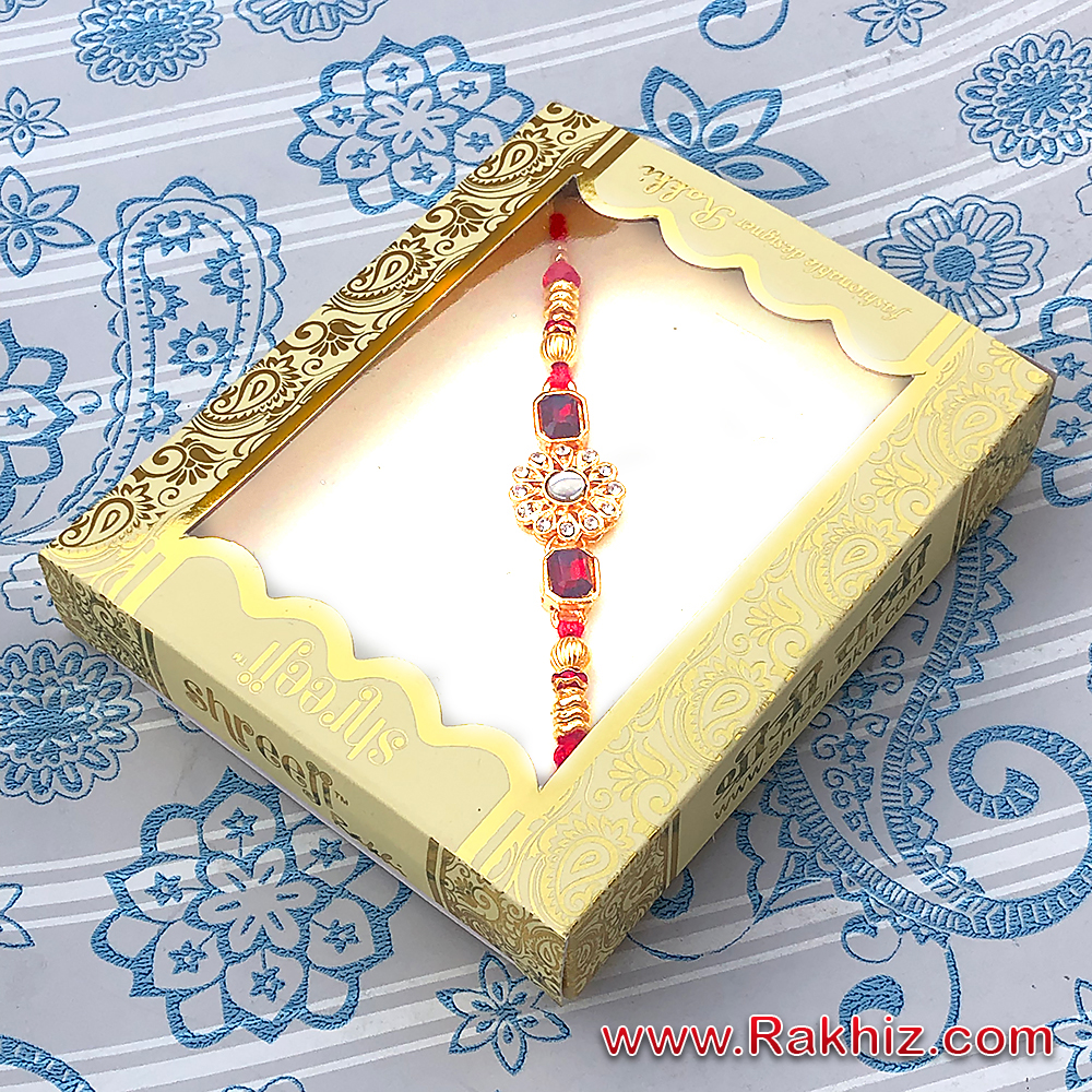 Rich Look Red Stone Studded Diamond Jewel Rakhi with Attractive Packing ...