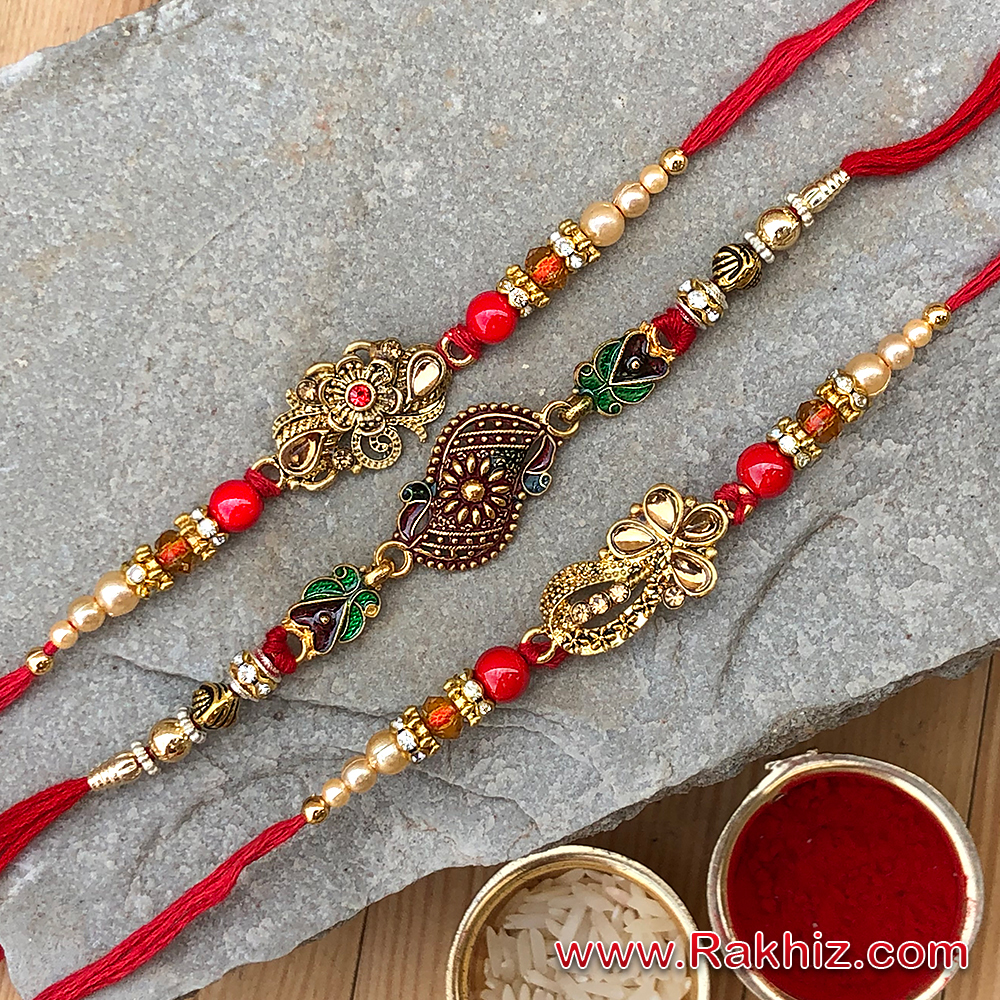 Classy Set Of 3 Gold Metallic Rakhis | Buy Online Rakhi Set of 3
